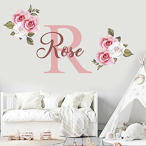 waldo Name and Initial Peonies Wall Decal - Kids Wall Decor - WM131. Custom Name Removable Nursery Wall Decal for Girl - Flower Mural Wall Decal for Girls Bedroom