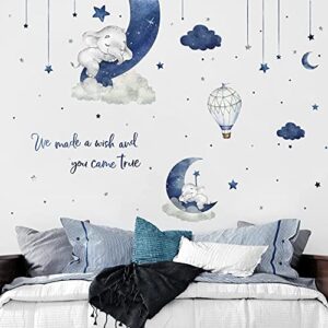 yovkky watercolor blue grey sleeping elephant wall decals, we made a wish moon star cloud stickers hot air balloon nursery decor, home baby shower decoration kids boy toddler bedroom playroom art gift