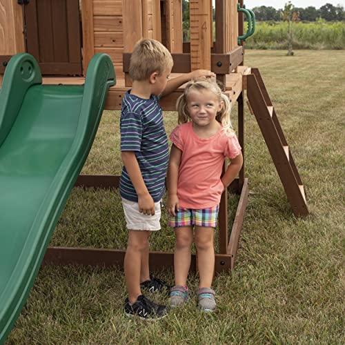 Backyard Discovery Echo Heights Elevated Cedar Playhouse, Play Kitchen, Powered Blender, Working Bell, 6 ft Wave Slide, Wrap-Around Deck, Flat Step Ladder, Growth Chart