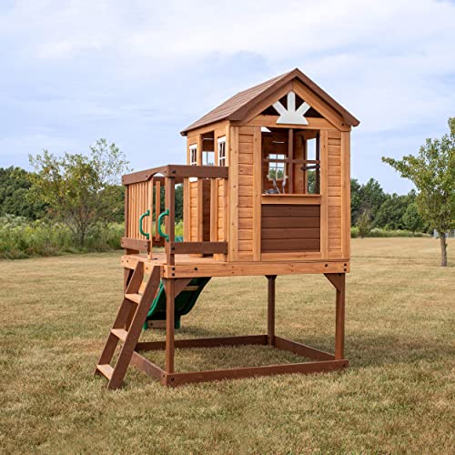 Backyard Discovery Echo Heights Elevated Cedar Playhouse, Play Kitchen, Powered Blender, Working Bell, 6 ft Wave Slide, Wrap-Around Deck, Flat Step Ladder, Growth Chart