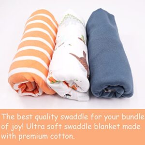 Hooyax Swaddle Blanket for Baby Boys and Girls, Cotton Swaddle Wrap Adjustable Sleep Sack for Newborn Baby, 3 Pack, Navy+Orange Stripe+Dinosaurs Small(0-3 Month)