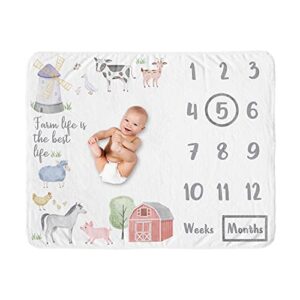 sweet jojo designs farm animals boy or girl milestone blanket monthly newborn first year growth mat baby shower memory keepsake gift picture - watercolor farmhouse barn horse cow sheep pig farm life