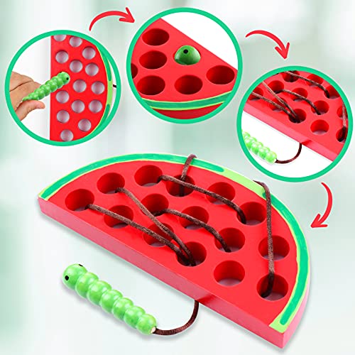 KLT Lacing Toy for Toddlers, Wooden Threading Toy Kids Travel Car Airplane Activities, Road Trip Essentials Games, Educational learning Fine Motor Skills Montessori Toys 1 Apple,1 Watermelon, 1 Cheese