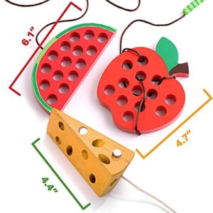 KLT Lacing Toy for Toddlers, Wooden Threading Toy Kids Travel Car Airplane Activities, Road Trip Essentials Games, Educational learning Fine Motor Skills Montessori Toys 1 Apple,1 Watermelon, 1 Cheese