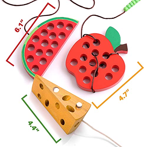 KLT Lacing Toy for Toddlers, Wooden Threading Toy Kids Travel Car Airplane Activities, Road Trip Essentials Games, Educational learning Fine Motor Skills Montessori Toys 1 Apple,1 Watermelon, 1 Cheese