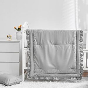 3 Pieces Crib Bedding Set Baby Ruffle Quilted Comforter with Fitted Sheet and Pillow - Cute Ruffled Shabby Chic Bedding Soft Blanket Design Gray