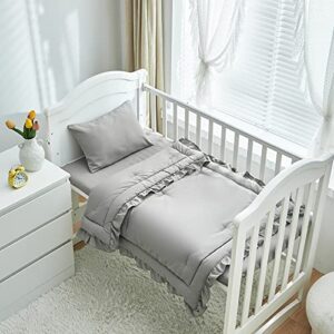 3 Pieces Crib Bedding Set Baby Ruffle Quilted Comforter with Fitted Sheet and Pillow - Cute Ruffled Shabby Chic Bedding Soft Blanket Design Gray