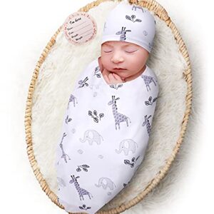 Elstey Newborn Swaddle Receiving Blanket Hat Set for 0-3-6 Months Babies, Soft Nursery Wrap for Infant Boy Girl, Stretchy Swaddling Sleep Sack, Baby Photography Props, Perfect Shower Gift (Giraffe)