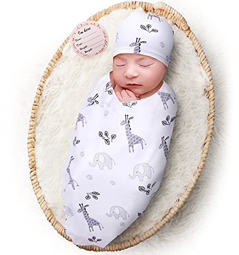 Elstey Newborn Swaddle Receiving Blanket Hat Set for 0-3-6 Months Babies, Soft Nursery Wrap for Infant Boy Girl, Stretchy Swaddling Sleep Sack, Baby Photography Props, Perfect Shower Gift (Giraffe)