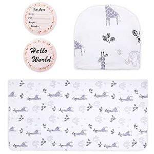 Elstey Newborn Swaddle Receiving Blanket Hat Set for 0-3-6 Months Babies, Soft Nursery Wrap for Infant Boy Girl, Stretchy Swaddling Sleep Sack, Baby Photography Props, Perfect Shower Gift (Giraffe)