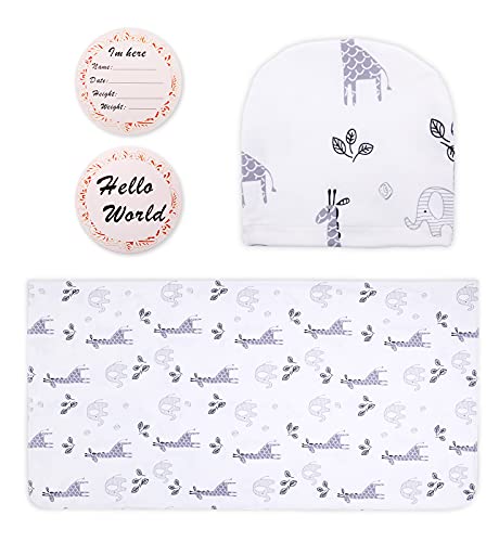 Elstey Newborn Swaddle Receiving Blanket Hat Set for 0-3-6 Months Babies, Soft Nursery Wrap for Infant Boy Girl, Stretchy Swaddling Sleep Sack, Baby Photography Props, Perfect Shower Gift (Giraffe)