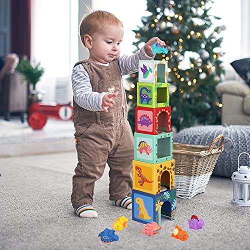 KMTJT Toddlers and Babies Dinosaur Sorting and Stacking Toys Blocks for 1-3 Kids Preschool Learning, Numbers Nesting Boxes Montessori Toys Gifts for 1 2 3 Year Old Baby Boys Girls