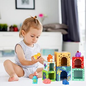 KMTJT Toddlers and Babies Dinosaur Sorting and Stacking Toys Blocks for 1-3 Kids Preschool Learning, Numbers Nesting Boxes Montessori Toys Gifts for 1 2 3 Year Old Baby Boys Girls