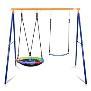 swing set for backyard, 440lbs, heavy-duty a-frame metal outdoor stand, 1 saucer swing seat & 1 swings seat