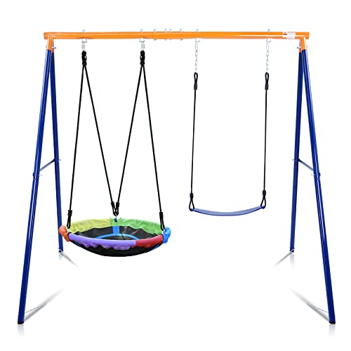 Swing Set for Backyard, 440lbs, Heavy-Duty A-Frame Metal Outdoor Stand, 1 Saucer Swing Seat & 1 Swings Seat