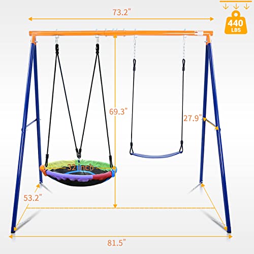 Swing Set for Backyard, 440lbs, Heavy-Duty A-Frame Metal Outdoor Stand, 1 Saucer Swing Seat & 1 Swings Seat