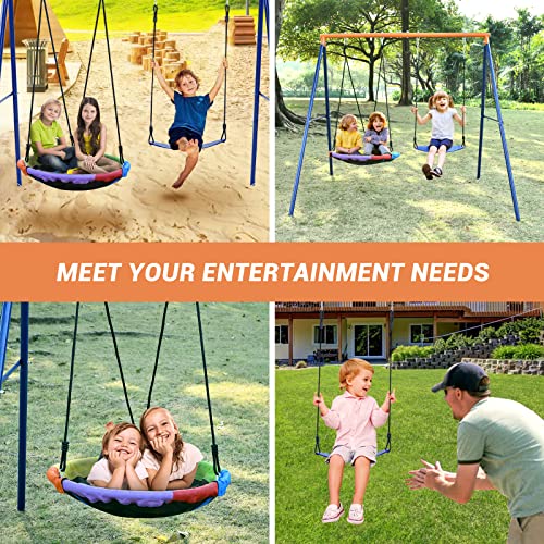 Swing Set for Backyard, 440lbs, Heavy-Duty A-Frame Metal Outdoor Stand, 1 Saucer Swing Seat & 1 Swings Seat