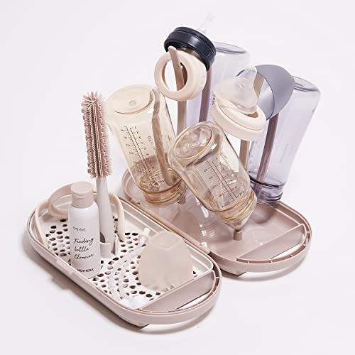 MOTHER-K Travel Baby Bottle Drying Rack Set, Including Bottle Brush and Travel Bottle, for Working Mom or Camping with Baby (Cream Mocha)