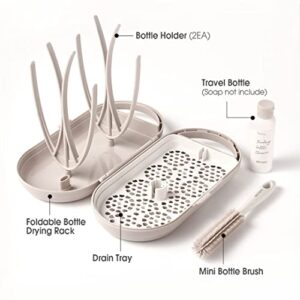 MOTHER-K Travel Baby Bottle Drying Rack Set, Including Bottle Brush and Travel Bottle, for Working Mom or Camping with Baby (Cream Mocha)