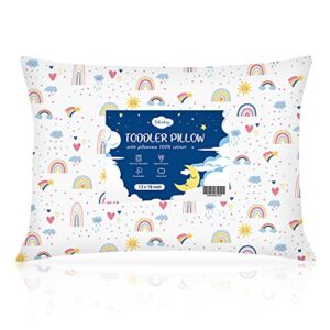 toddler pillow,13x18 soft baby pillows for sleeping, machine washable kids pillow with cotton pillowcase, perfect for travel, toddlers cot (happy sunny rainbow)