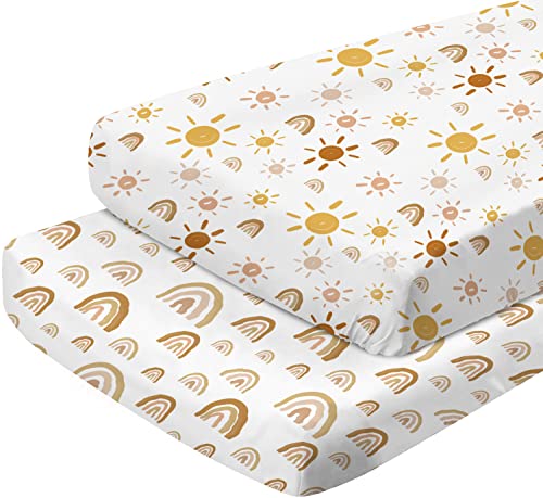 Changing Pad Cover - Babebay Ultra Soft Jersey Knit Cotton Diaper Change Table Pad Covers for Baby Girls and Boys -Stylish Rainbow & Sun Pattern, 2 Pack