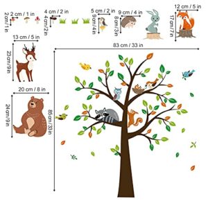 decalmile Woodland Animal Tree Wall Decals Bear Fox Deer Wall Stickers Kids Baby Nursery Bedroom Playroom Wall Decor