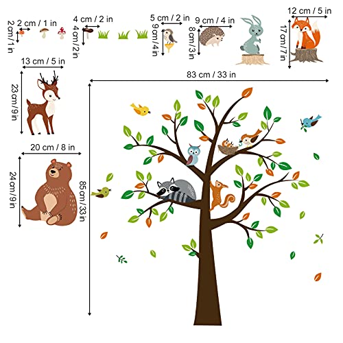 decalmile Woodland Animal Tree Wall Decals Bear Fox Deer Wall Stickers Kids Baby Nursery Bedroom Playroom Wall Decor