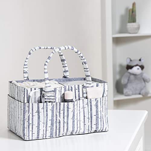 Sammy & Lou Felt Baby Diaper Caddy Organizer - Nursery Storage Bin and Car Organizer for Diapers and Wipes - Birch Grey/White