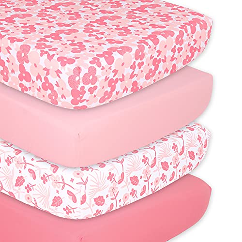 The Peanutshell Floral & Blush Pink Fitted Crib Sheet Set for Baby Girls - 4 Pack Set - Floral Punch & Solid Pink