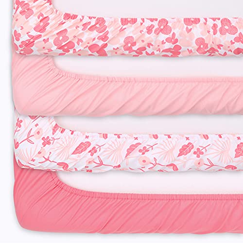 The Peanutshell Floral & Blush Pink Fitted Crib Sheet Set for Baby Girls - 4 Pack Set - Floral Punch & Solid Pink