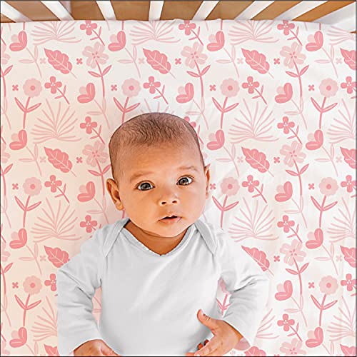 The Peanutshell Floral & Blush Pink Fitted Crib Sheet Set for Baby Girls - 4 Pack Set - Floral Punch & Solid Pink