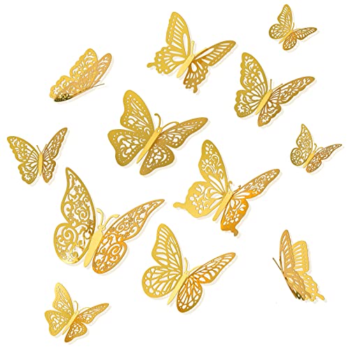 Butterfly Wall Decor Sticker, 144 Pcs 3 Size 6 Styles, 3D Gold Removable Butterfly Sticker Decor for Birthday Party, Wedding Balloon Garland, Christmas, Girls Kids Room