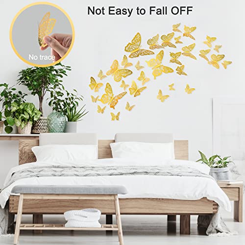 Butterfly Wall Decor Sticker, 144 Pcs 3 Size 6 Styles, 3D Gold Removable Butterfly Sticker Decor for Birthday Party, Wedding Balloon Garland, Christmas, Girls Kids Room