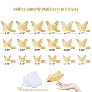 Butterfly Wall Decor Sticker, 144 Pcs 3 Size 6 Styles, 3D Gold Removable Butterfly Sticker Decor for Birthday Party, Wedding Balloon Garland, Christmas, Girls Kids Room