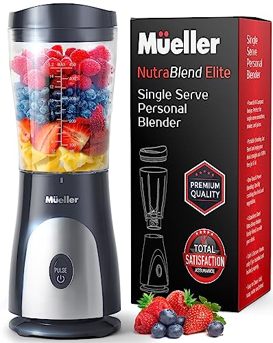 Mueller Personal Blender for Shakes and Smoothies with 15 Oz Travel Cup and Lid, Juices, Baby Food, Heavy-Duty Portable Blender & Food Processor, Grey