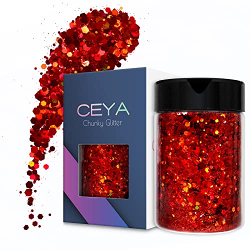 Ceya Holographic Chunky Glitter 4.2oz/ 120g Red Craft Glitter Powder Mixed Chunky Fine Flakes Iridescent Nail Sequins for Nail Art, Hair, Epoxy Resin, Tumblers, Slime, Painting, Festival Decor