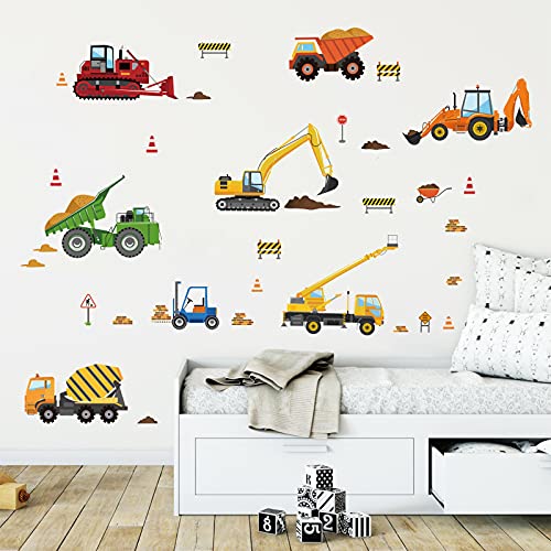 decalmile Construction Vehicles Wall Decals Tractor Excavator Crane Wall Stickers Kids Bedroom Boys Room Playroom Wall Decor