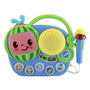 ekids auxiliary cocomelon toy singalong boombox with microphone for toddlers, built-in music and flashing lights, fans of cocomelon gifts