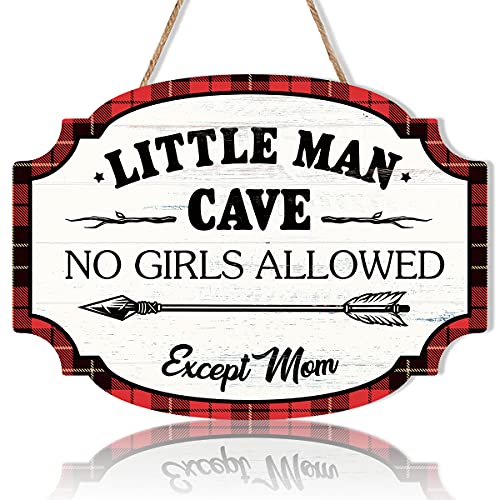 LHIUEM Little Man Cave Wooden Hanging Wall Sign,Red & Black Buffalo Plaid Woodland Door Sign Decor Wood Plaque,Boy Nursery Wall Decor For Toddlers Kids Baby Bedroom (8”X11”)