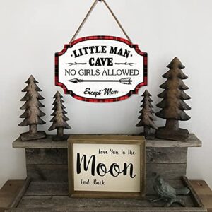 LHIUEM Little Man Cave Wooden Hanging Wall Sign,Red & Black Buffalo Plaid Woodland Door Sign Decor Wood Plaque,Boy Nursery Wall Decor For Toddlers Kids Baby Bedroom (8”X11”)