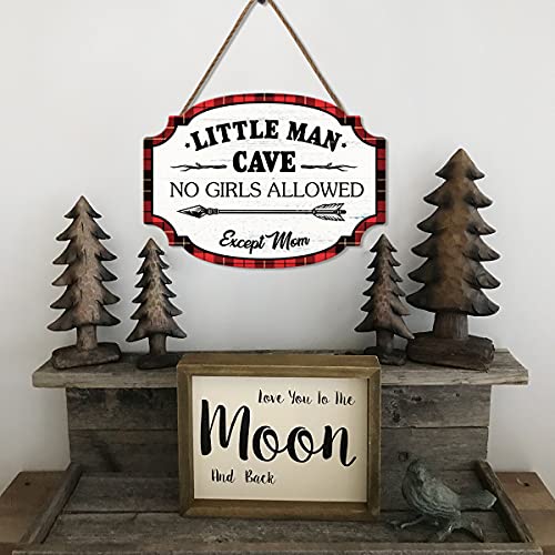 LHIUEM Little Man Cave Wooden Hanging Wall Sign,Red & Black Buffalo Plaid Woodland Door Sign Decor Wood Plaque,Boy Nursery Wall Decor For Toddlers Kids Baby Bedroom (8”X11”)