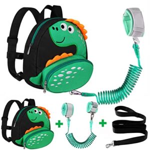 accmor toddler backpack harness with safety leash, cute dinosaur harnesses with kids anti lost wrist link, mini child schoolbag with wristband tether strap and protection leashes for baby boys (black)