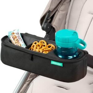 universal stroller tray with insulated sippy cup holder - upgraded rigid frame stays upright - exclusive non slip straps firmly grip stroller bar. universal stroller snack tray attachment