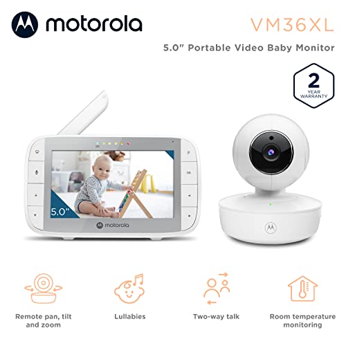 Motorola Baby Monitor-VM36XL Portable Video Baby Monitor with Camera, 1000ft Range 2.4 GHz Wireless 5" Screen, 2-Way Audio, Remote Pan, Tilt, Zoom, Room Temperature Sensor, Lullabies, Night Vision