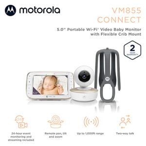 Motorola Baby Monitor - VM855-5 WiFi Video Baby Monitor with Camera and Crib Mount, HD 720p - Connects to Smart Phone App, 1000ft Range, 2-Way Audio, Remote Pan-Tilt, Digital Zoom, Room Temp, Music