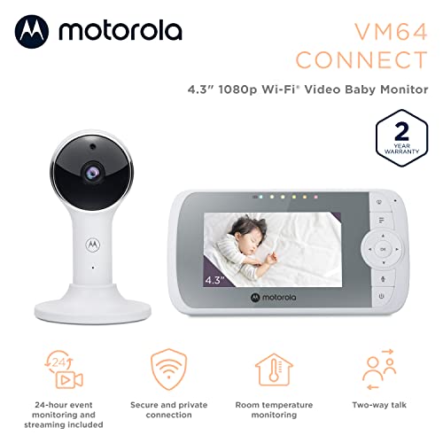 Motorola Baby Monitor - VM64-4.3" WiFi Video Baby Monitor with Camera HD 1080p - Connects to Smart Phone App, 1000ft Long Range, 2-Way Audio, Remote Pan-Tilt-Zoom, Room Temp, Lullabies, Night Vision