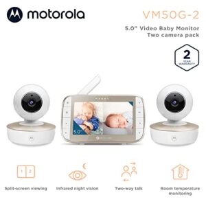 Motorola Baby Monitor-VM50G Video Baby Monitor with 2 Cameras, 1000ft Range 2.4 GHz Wireless 5" Split Screen, 2-Way Audio, Remote Pan, Tilt, Zoom, Room Temperature Sensor, Lullabies, Night Vision