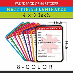 Infant Emergency Contact Sticker - (Pack of 24) 4" x 3" Child Medical Information ICE Stickers for Kids Vehicle Baby Car Seats Windows