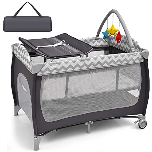 BABY JOY 4 in 1 Pack and Play, Portable Baby Playard with Bassinet, Side Zipper Door, Changing Table, Indoor Outdoor Travel Nursery Center w/Toy Bar, Lockable Wheels, Carry Bag Grey