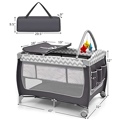 BABY JOY 4 in 1 Pack and Play, Portable Baby Playard with Bassinet, Side Zipper Door, Changing Table, Indoor Outdoor Travel Nursery Center w/Toy Bar, Lockable Wheels, Carry Bag Grey